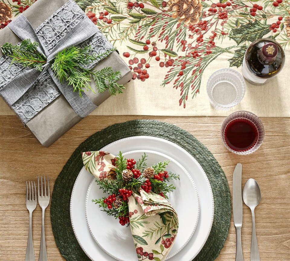 Holly Berry Embroidered Cotton/Linen Table Runner | Pottery Barn UK